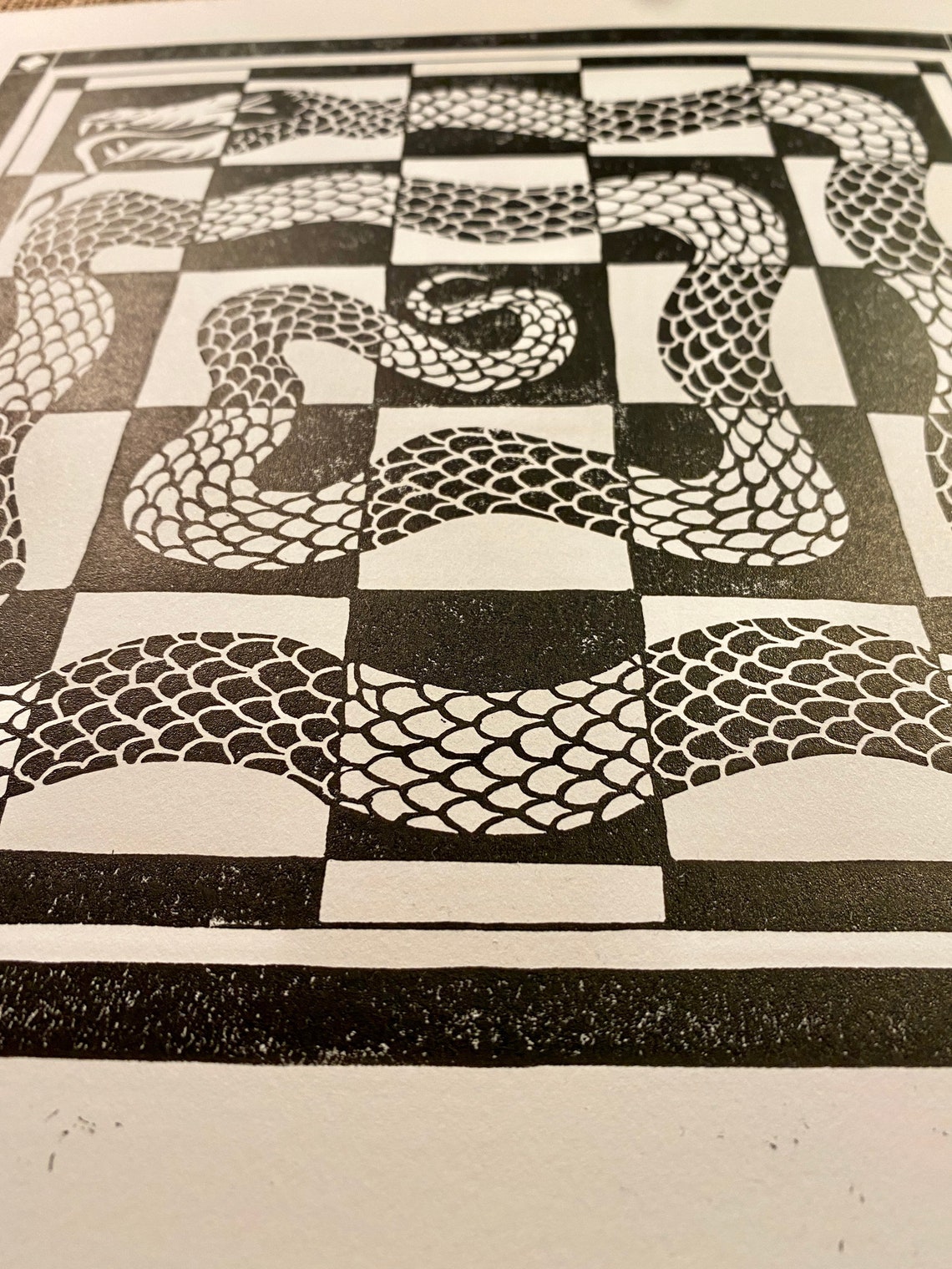 Checkered Snake Lino Print. 30cm X 30cm Square Handmade and | Etsy