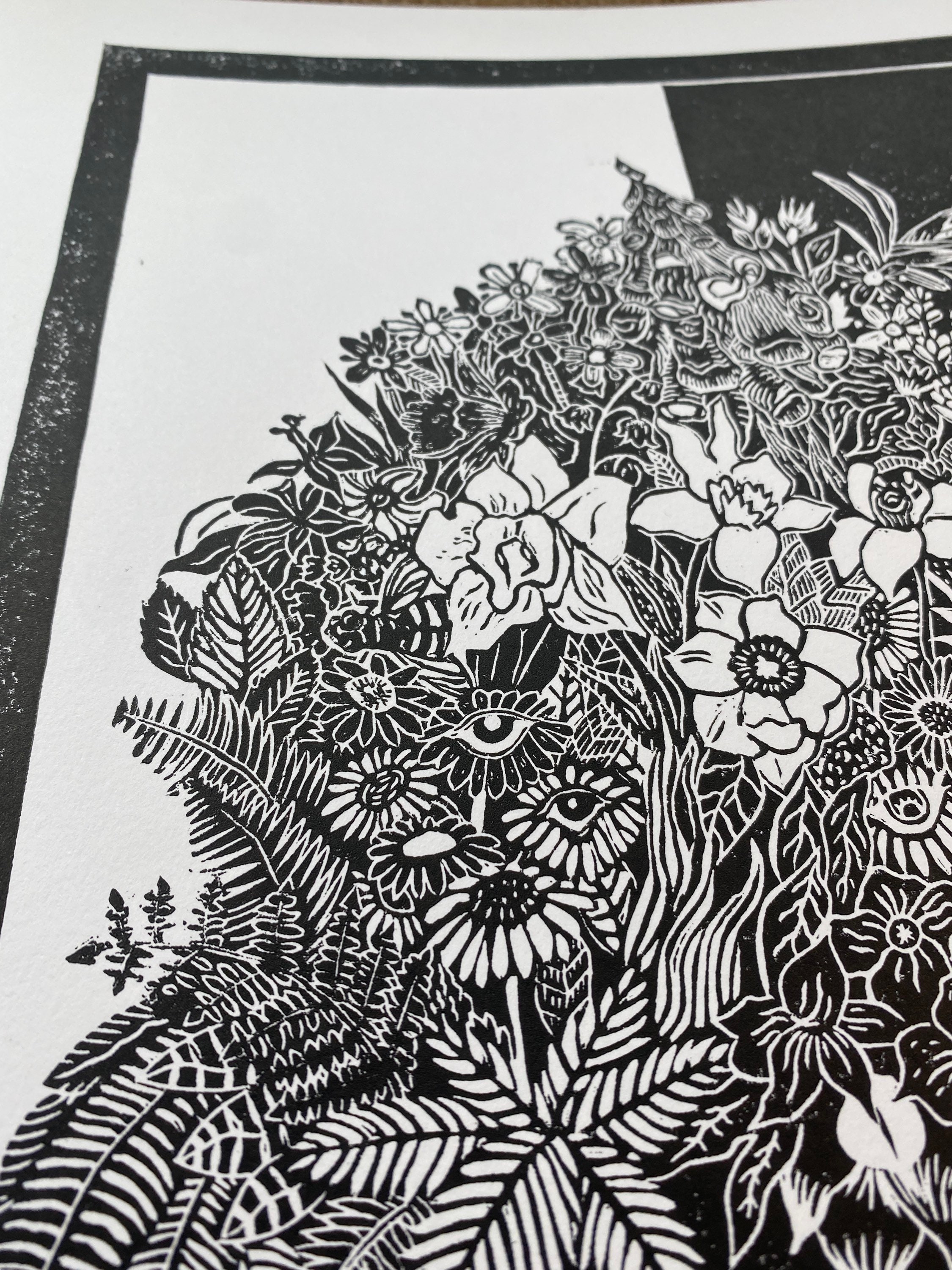 Self Reflection Vase of Flowers Lino Print, Relating to Mental Health ...