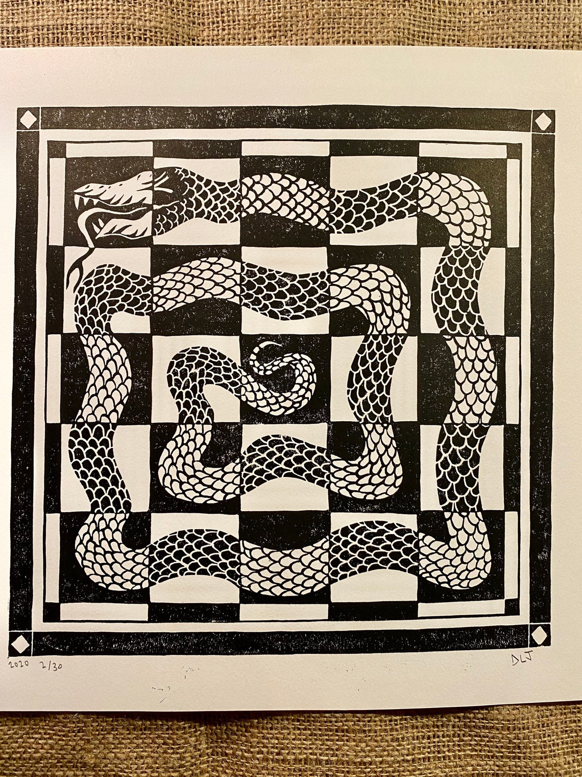 Checkered Snake Lino Print. 30cm X 30cm Square Handmade and | Etsy