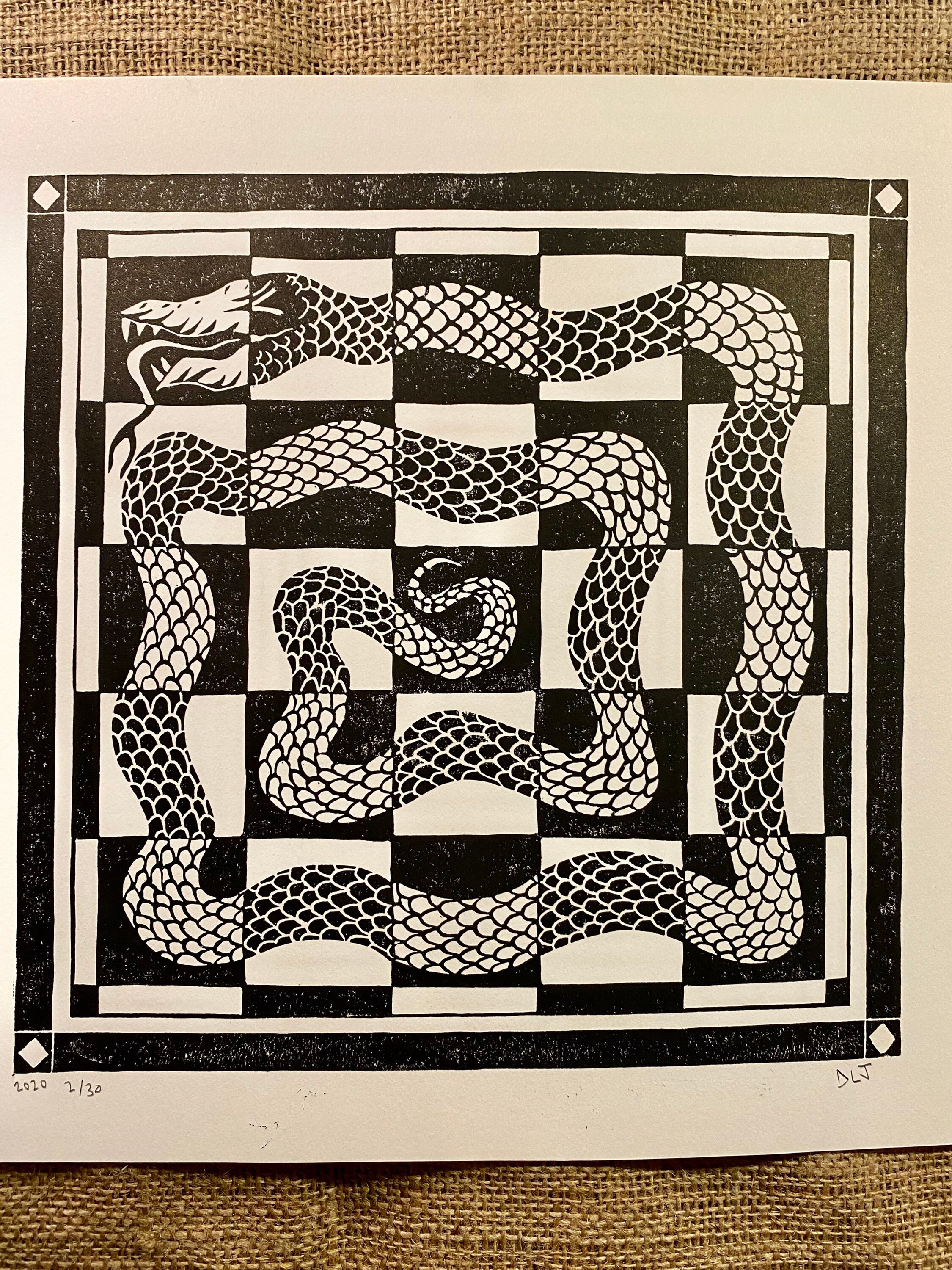 Checkered Snake Lino Print. 30cm x 30cm square handmade and | Etsy