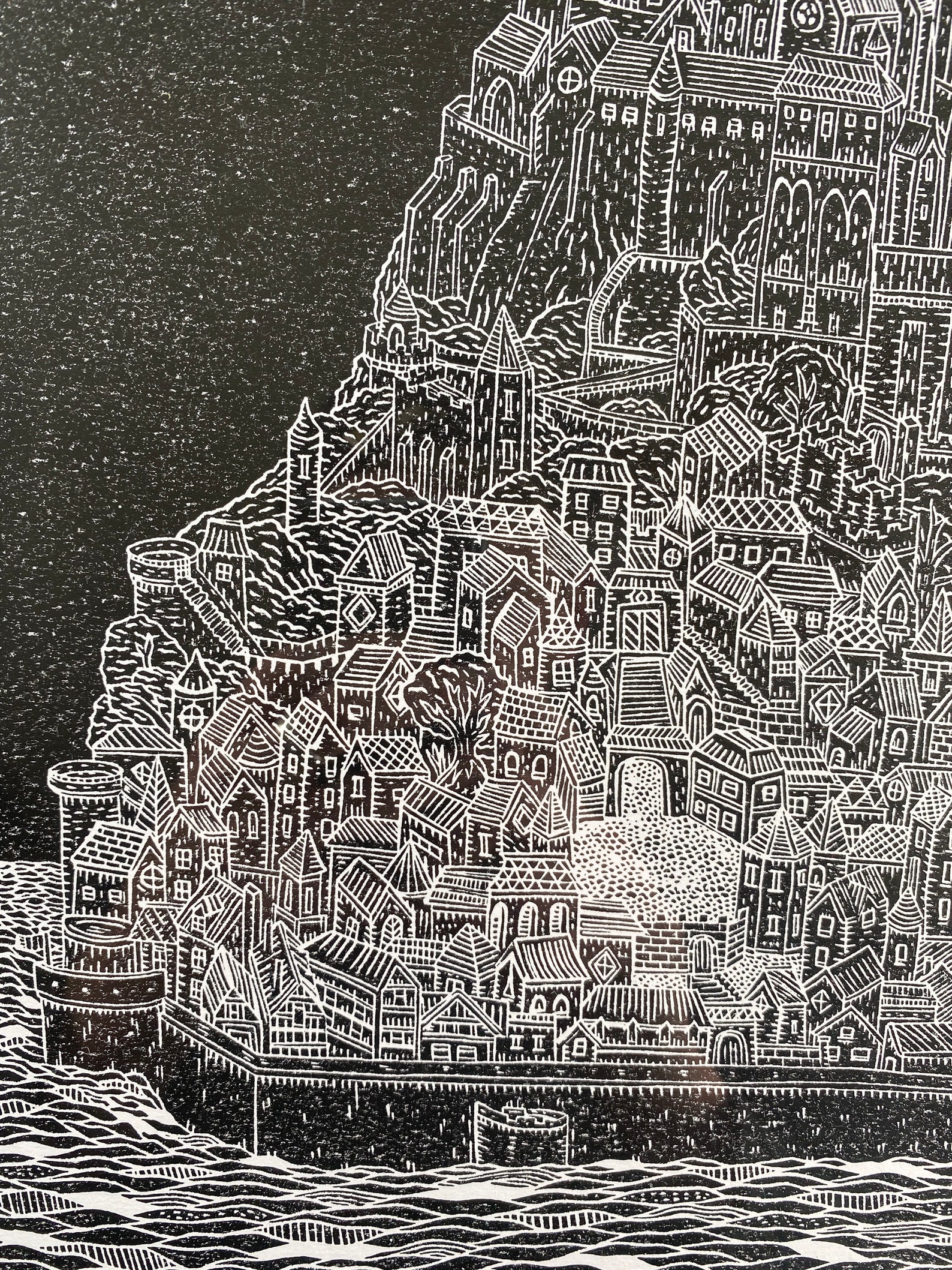 A2 Lino Print Isolated City Art Print. Linocut hecho a mano e | Etsy