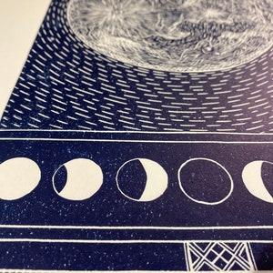 Large Blue Moon Lino Print, Original Art Print. Midnight Blue Linocut ...