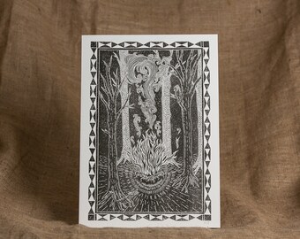 Woodland Camp Fire Lino Print Handmade Linocut Original Art - Etsy