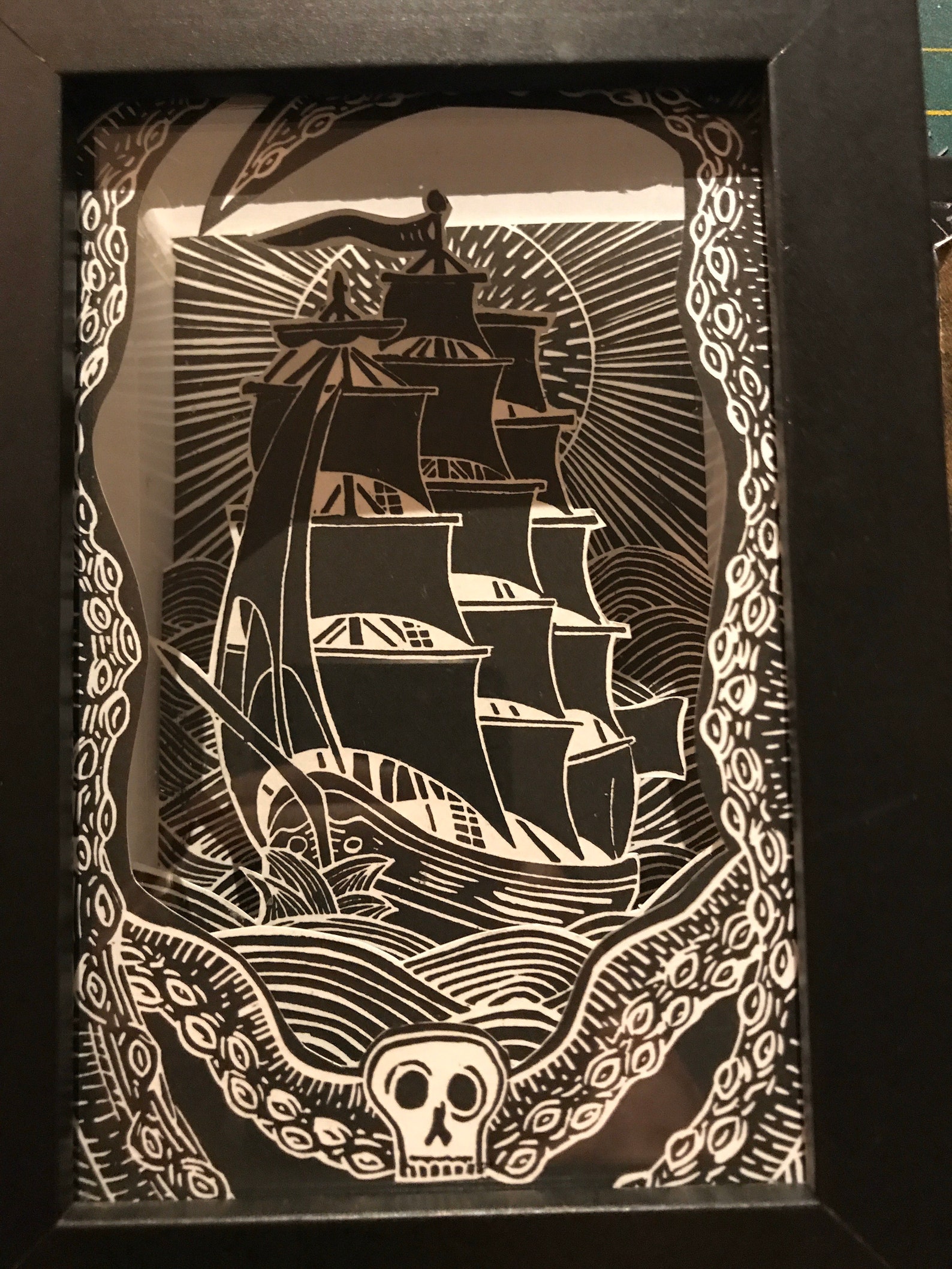 Lino Print Ship Shadow Box. Original Linocut Print Framed Art - Etsy