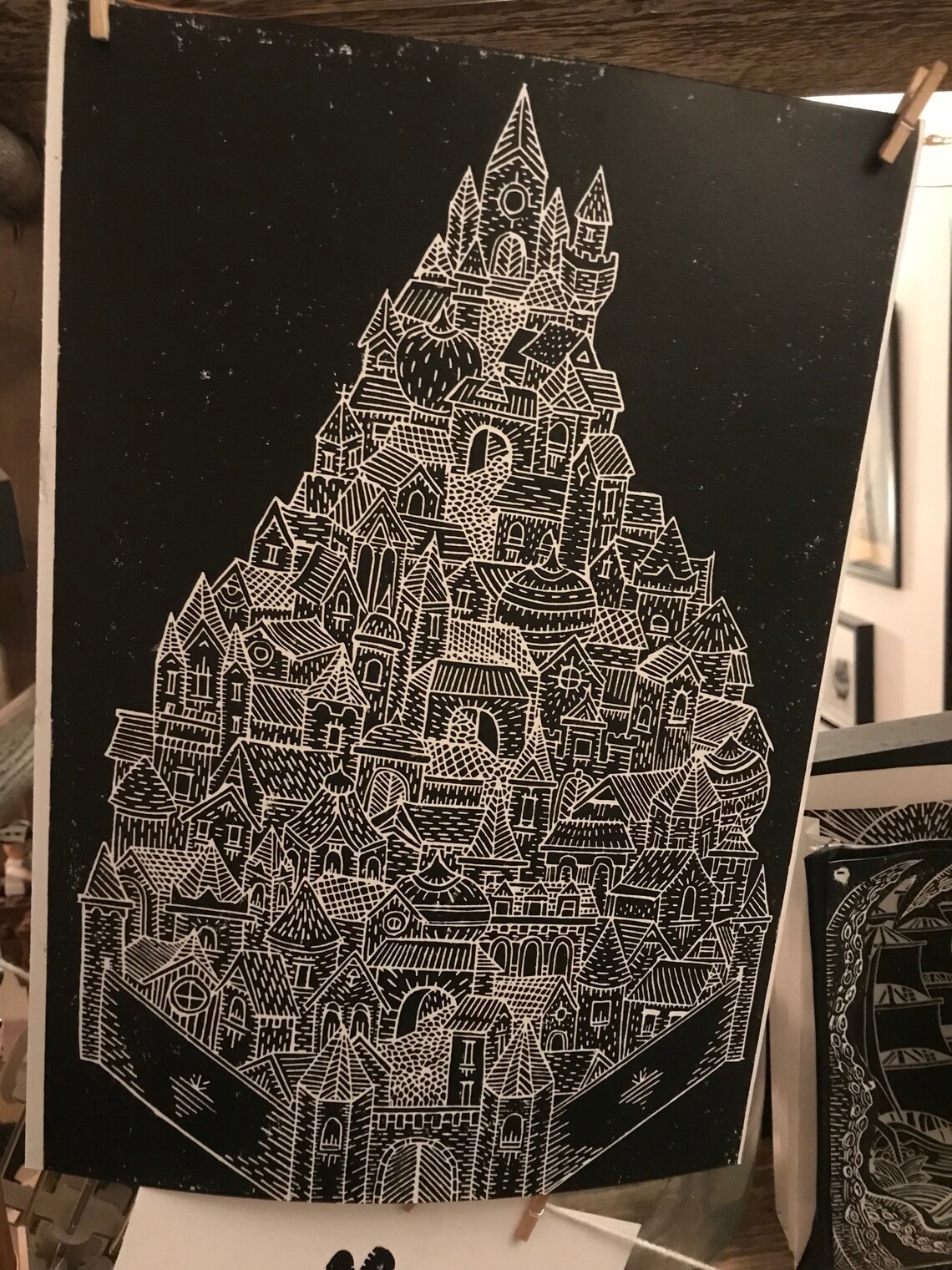 Walled City Lino Print Linocut print A4 Black & White | Etsy