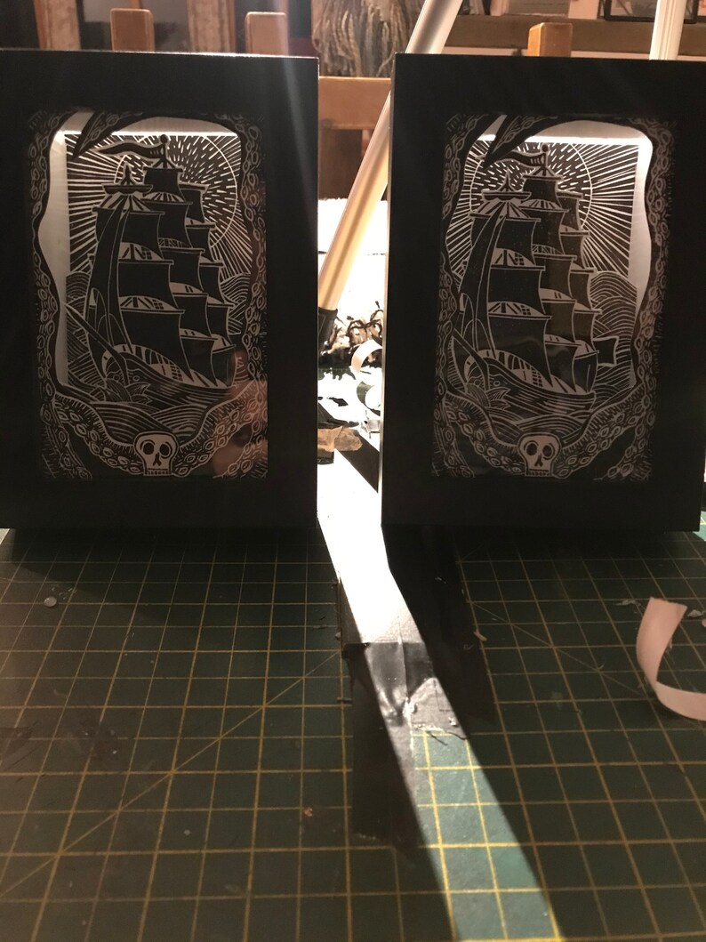 Lino Print Ship Shadow Box. Original Linocut Print Framed Art Print ...