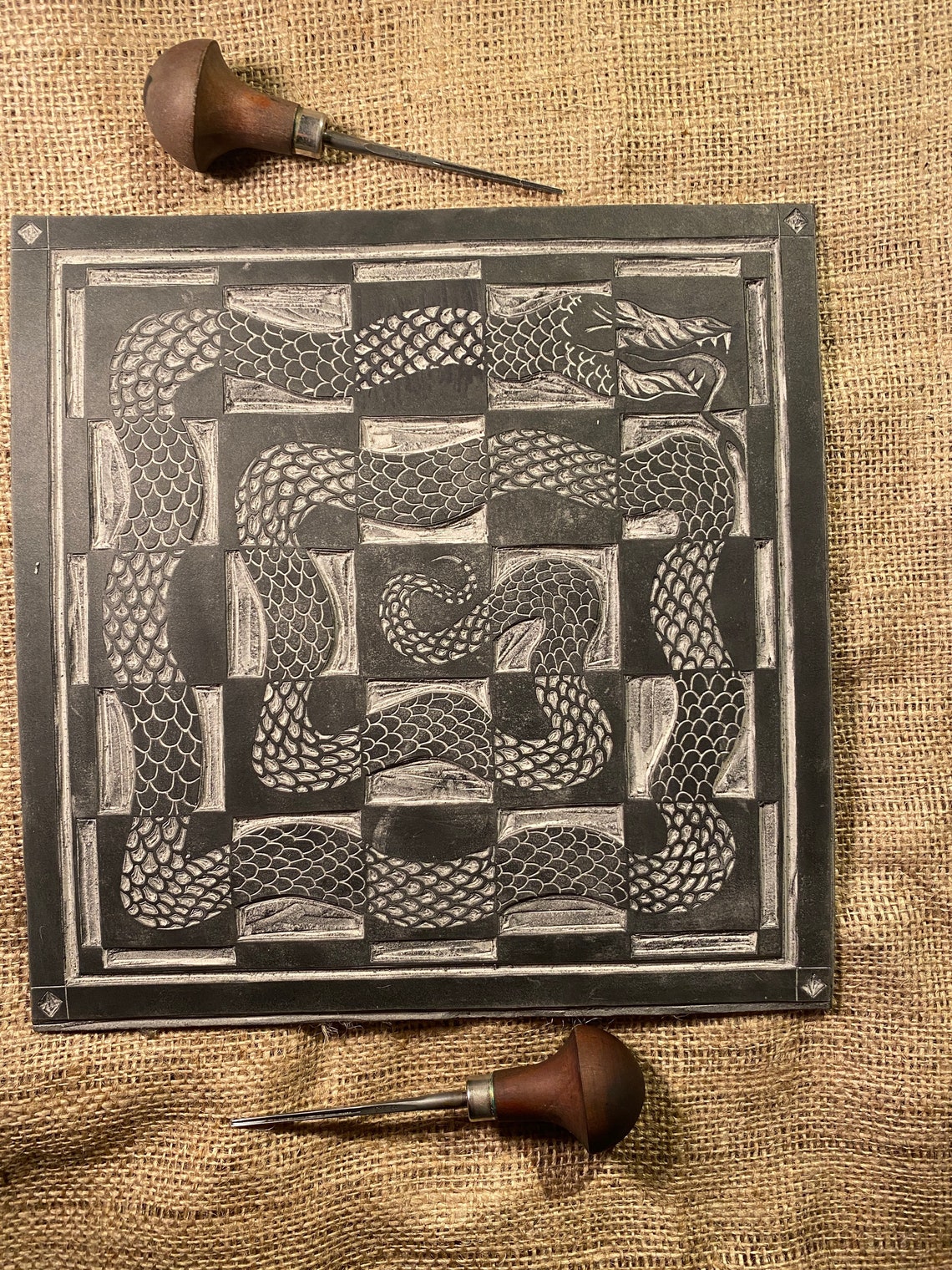 Checkered Snake Lino Print. 30cm X 30cm Square Handmade and | Etsy