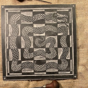 Checkered Snake Linocut Print: Tattoo Style Art (30cm X 30cm) - Etsy