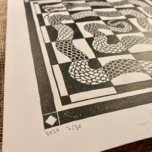 Checkered Snake Lino Print. 30cm X 30cm Square Handmade and Printed ...