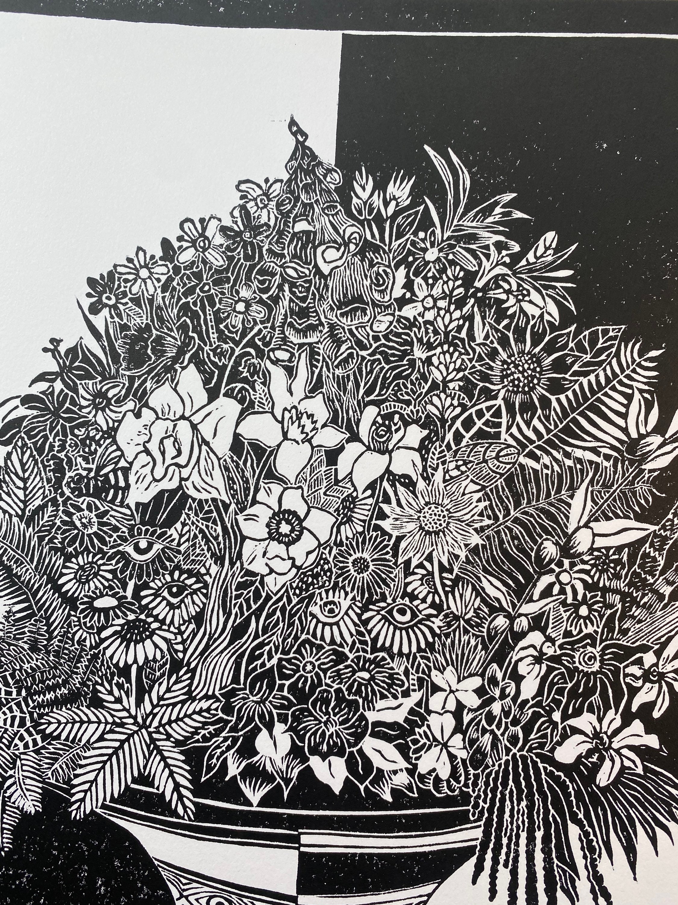 Self Reflection Vase of Flowers Lino Print, Relating to Mental Health ...