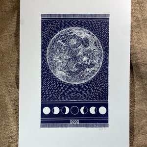 Large Blue Moon Lino Print, Original Art Print. Midnight Blue Linocut ...