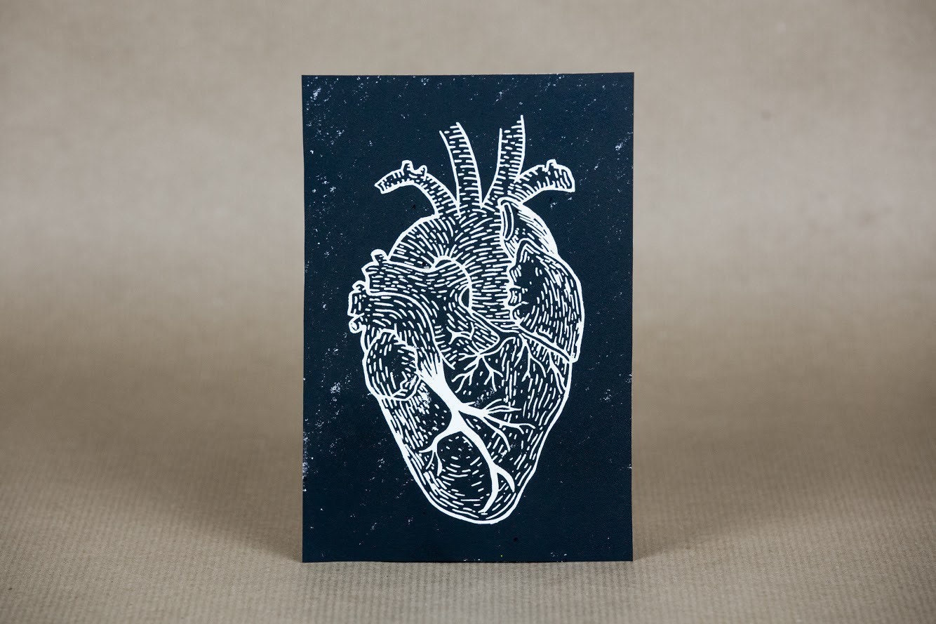 Heart Lino Print, Handmade Linocut Art Print, Size A6, Black and White ...