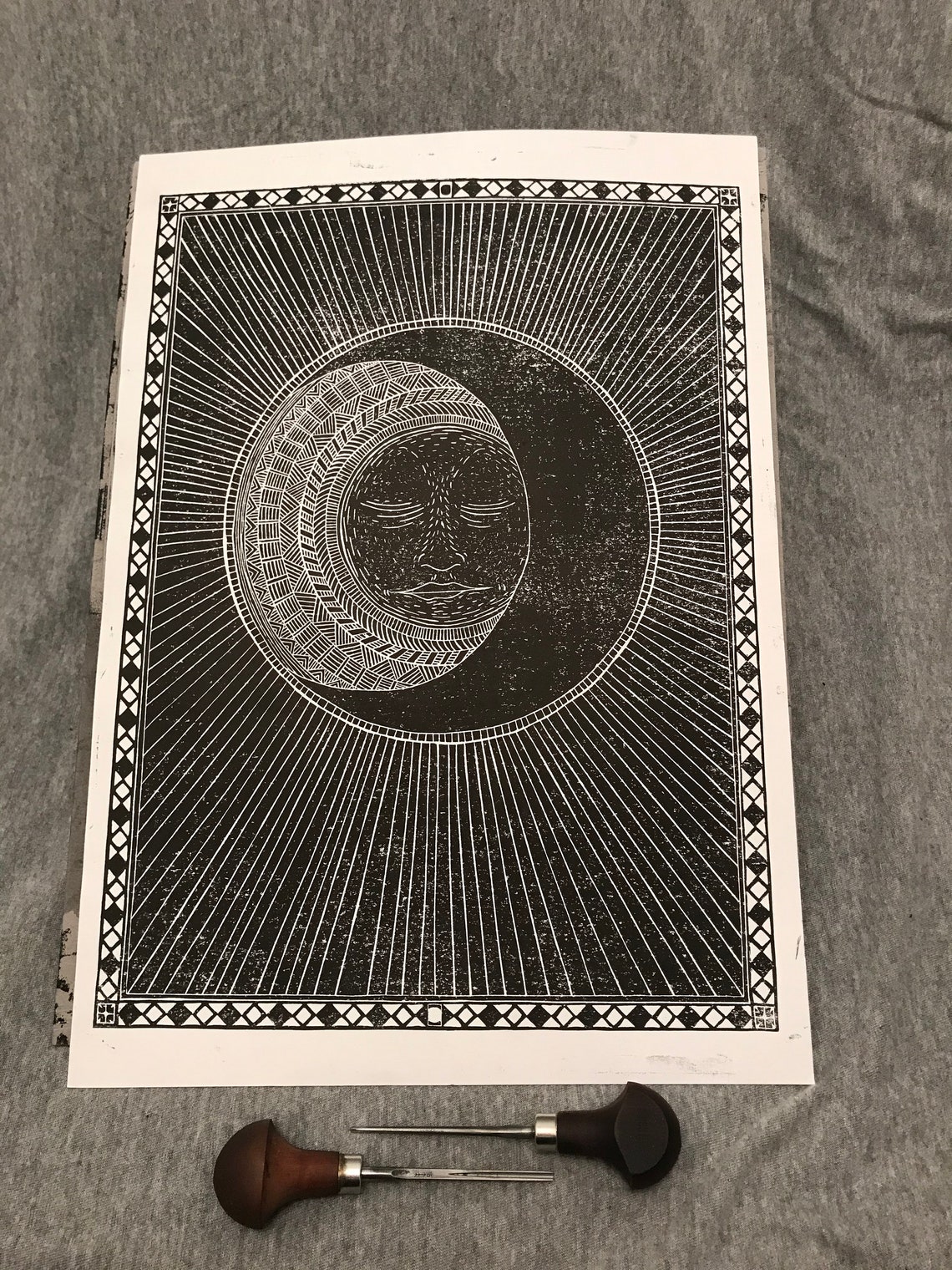 Large Sun and Moon Lino Print Original Art Print. Black & - Etsy