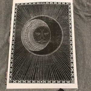 Large Sun and Moon Lino Print, Original Art Print. Black & White ...