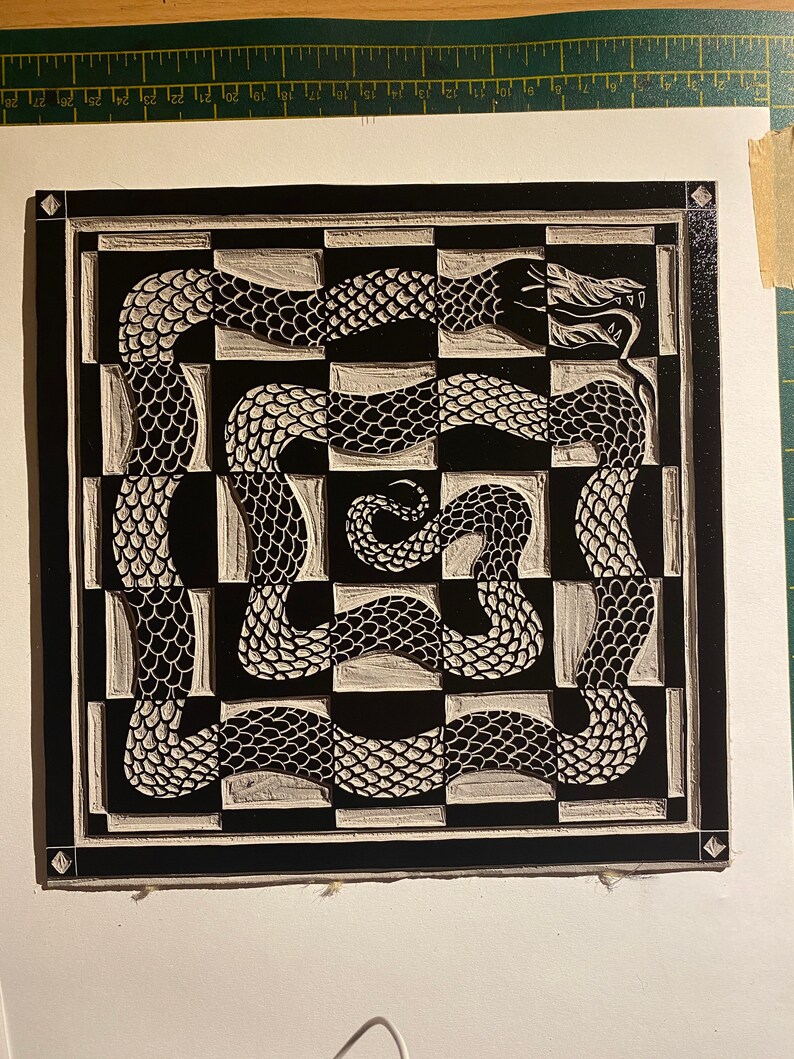 Checkered Snake Lino Print. 30cm X 30cm Square Handmade and - Etsy