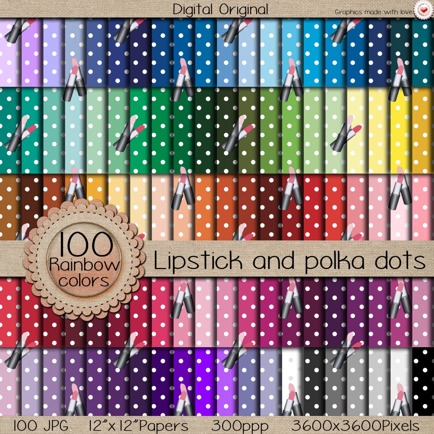 Sale 100 Digital papers MEGA pack / Lipstick and polka dots / 300 ppi ...