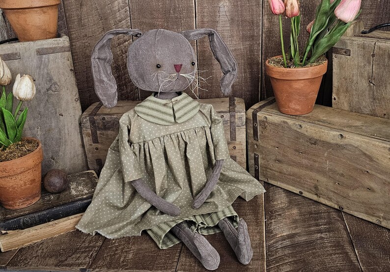 Primitive Spring Bunny Doll “cora” – Farmhouse Folk Art Rabbit With ...