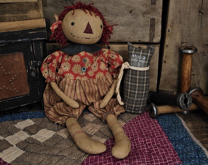 Primitive Raggedy Ann Doll Bess and Cat - Folk Art Vintage Look Annie ...