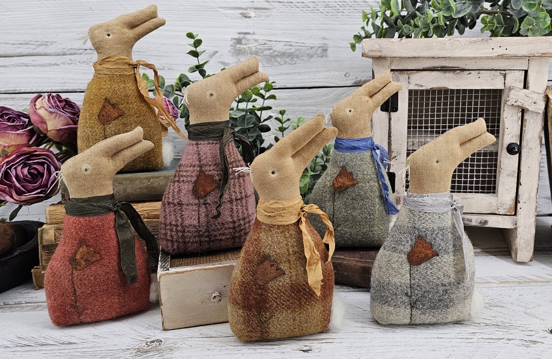 Folkart Wool Rabbit With Rusty Tulip - Primitive Spring Tiered Tray ...