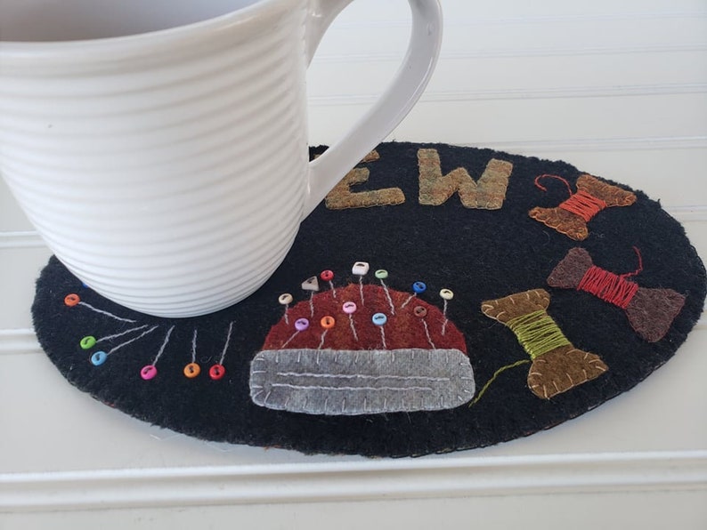 Applique Pattern Wool Mug Rug Pin Cushion & Spool Coffee Mat - Etsy