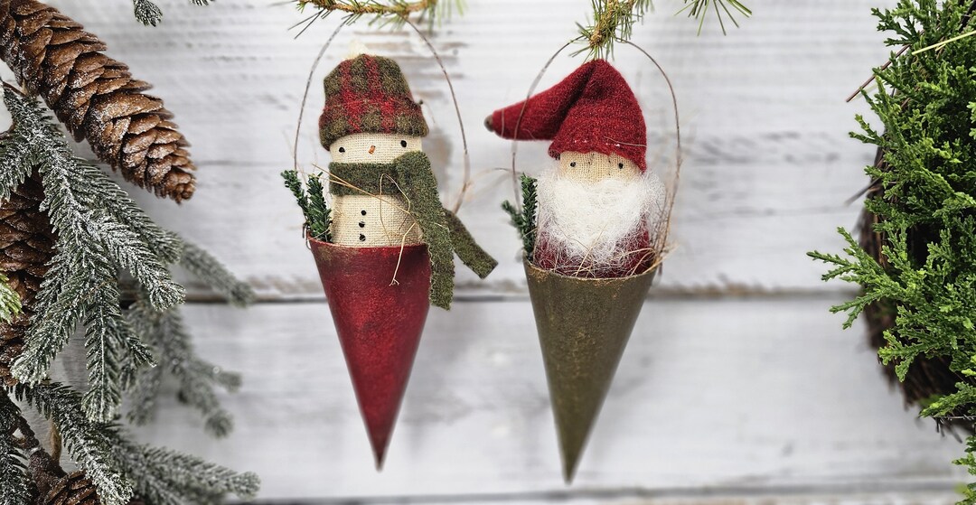 Primitive Santa Ornament - Unique Home Decor Snowman Ornament - Folk ...
