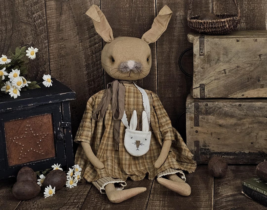 Primitive Bunny Willow With Wool Bunny Bag – Handmade Folk Art Rabbit ...