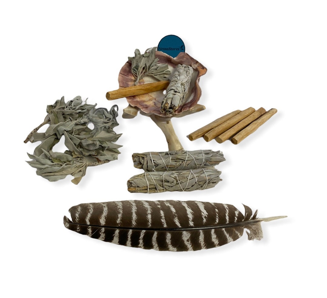 Natural Smudge Kit – Shell, Wood Stand, White Sage X3, Palo Santo ...