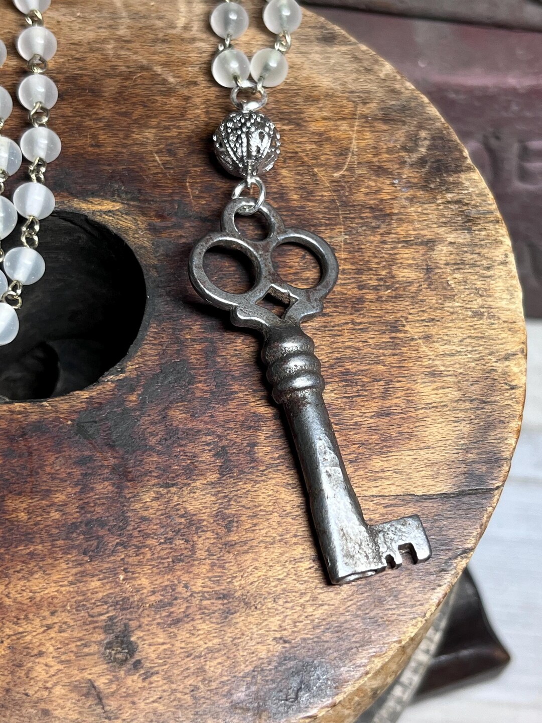 Upcycled Skeleton Key Pendant Necklace With Frosted White Beads - Etsy