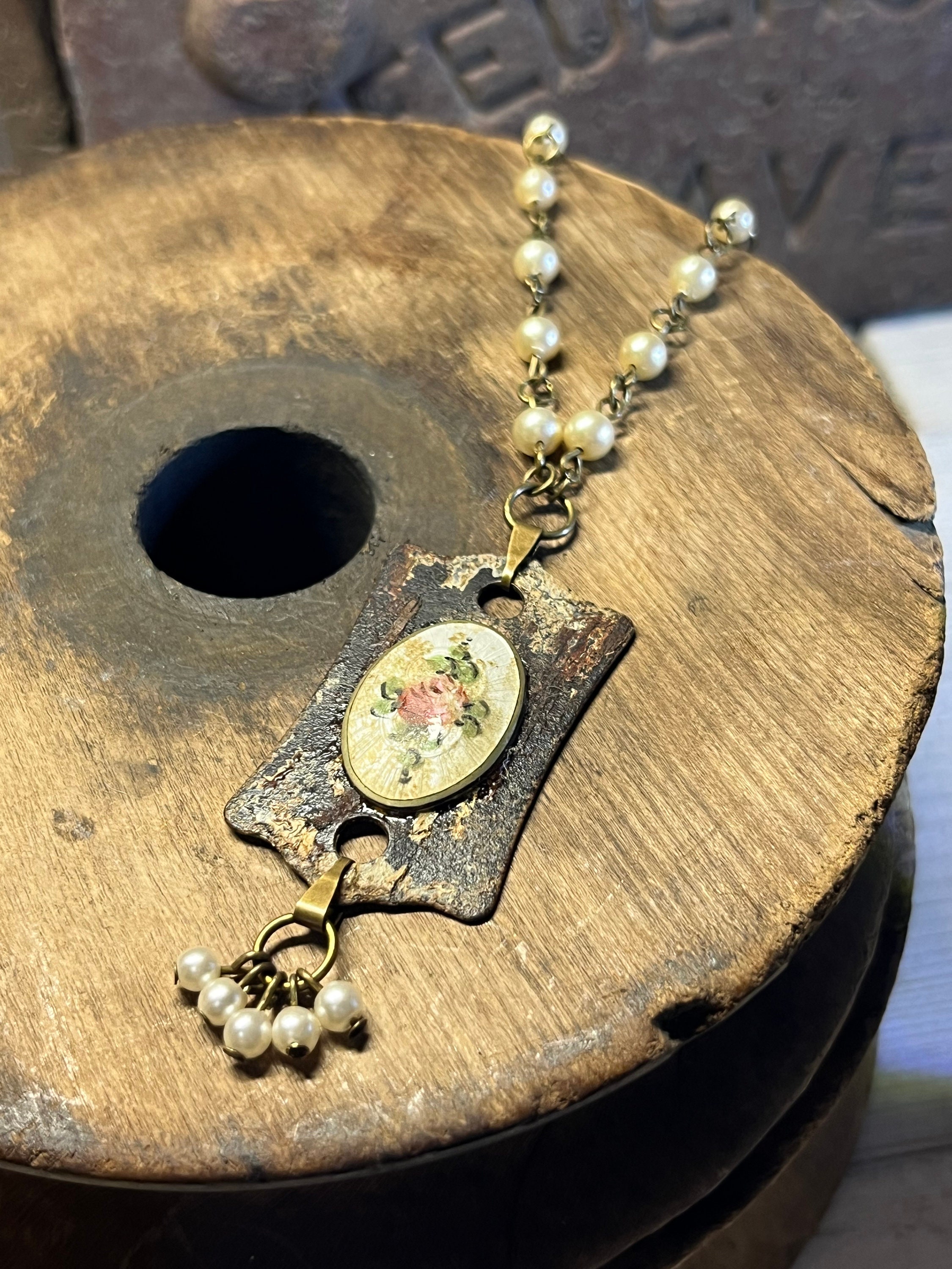 Vintage Skeleton Key Cover Necklace With Rose and Pearl Accent - Etsy