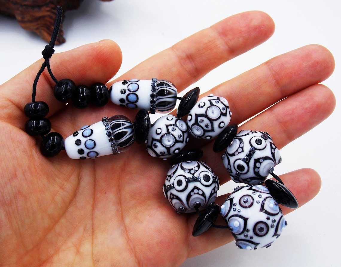 Glass Beads - Handmade Lampwork Bead Set for Jewelry, White, Black ...