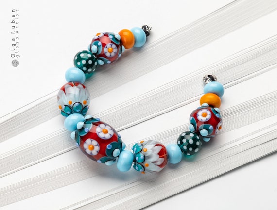 Lampwork Bead Set Artisan Glass Beads Turquoise Red Sky | Etsy