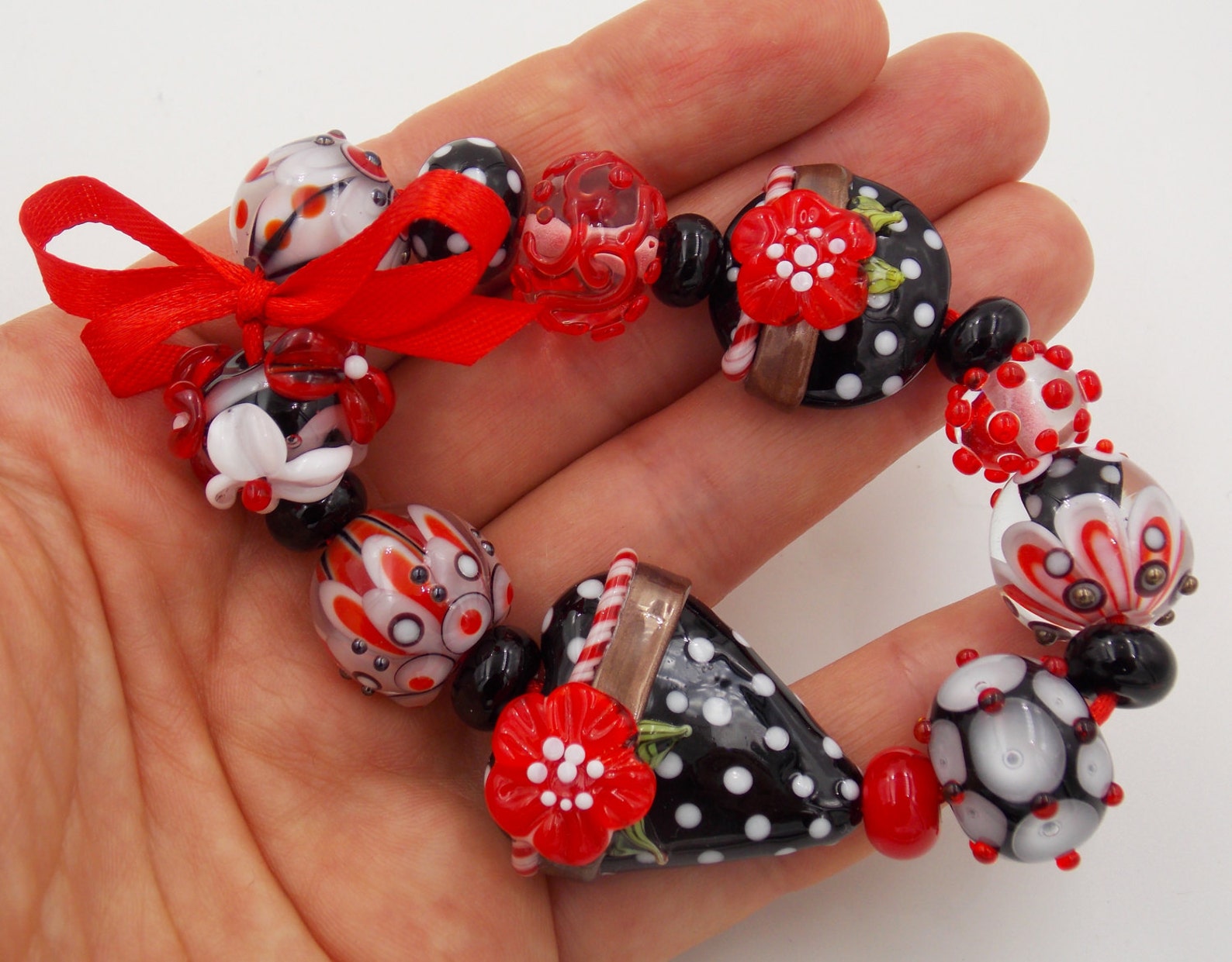 Lampwork Bead Set Red White Black Golden Beads Heart and | Etsy