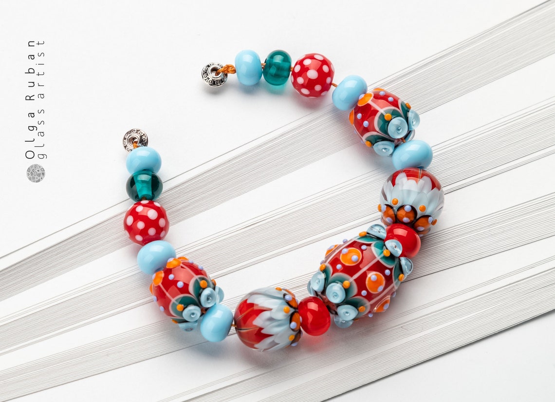 Lampwork Bead Set, Red, White, Light Blue Artisan Glass Beads for ...