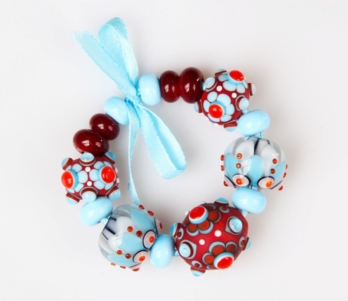 Lampwork Bead Set Blue White Red Beads. | Etsy