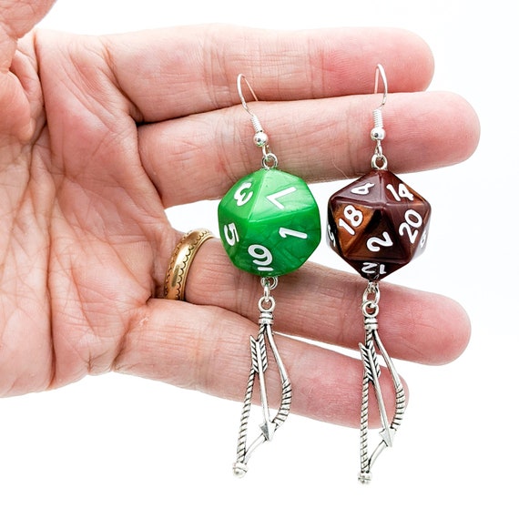 D20 Ranger Dice Earrings DND Dice Earrings Green Brown Bow - Etsy