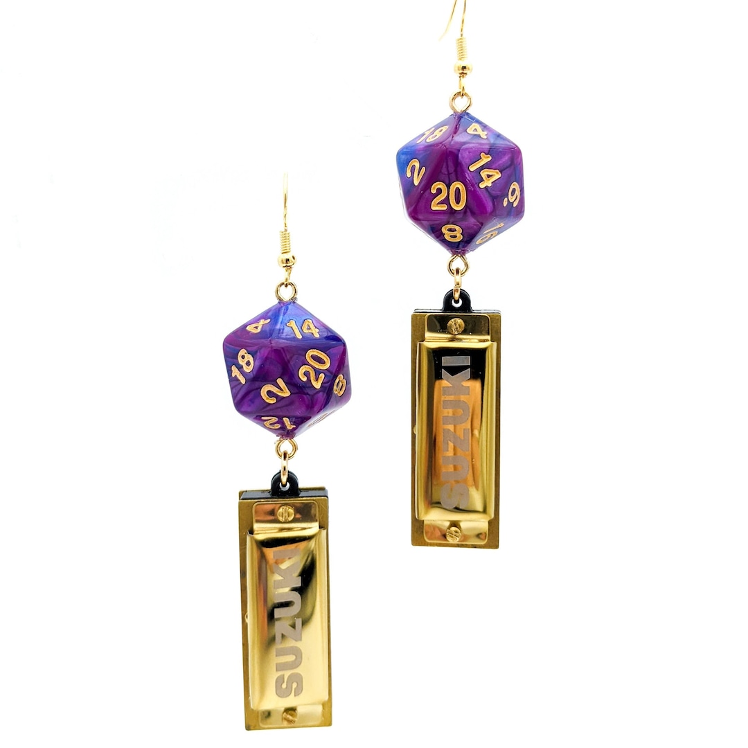 D20 Bard Character Earrings With Functional Miniature Harmonicas - Etsy