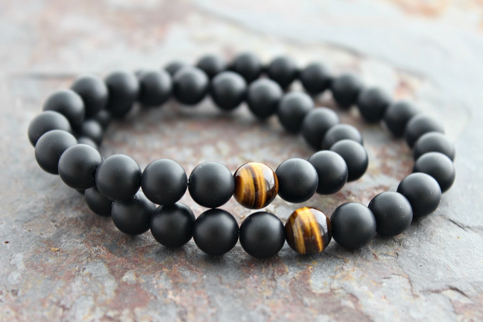 Tigers Eye and Black Onyx Father and Son Bracelet Set, Dad Son Matching ...