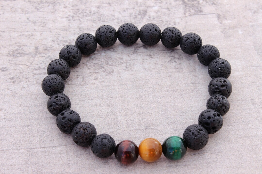 Tigers Eye & Lava Stone Rasta Bracelet Fathers Day Gift Mens Beaded ...