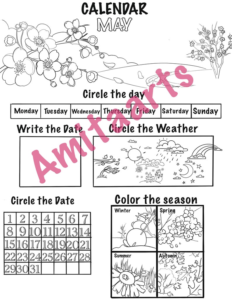 Kids Coloring Pages Printables Instant Download Calendar Months Dates ...