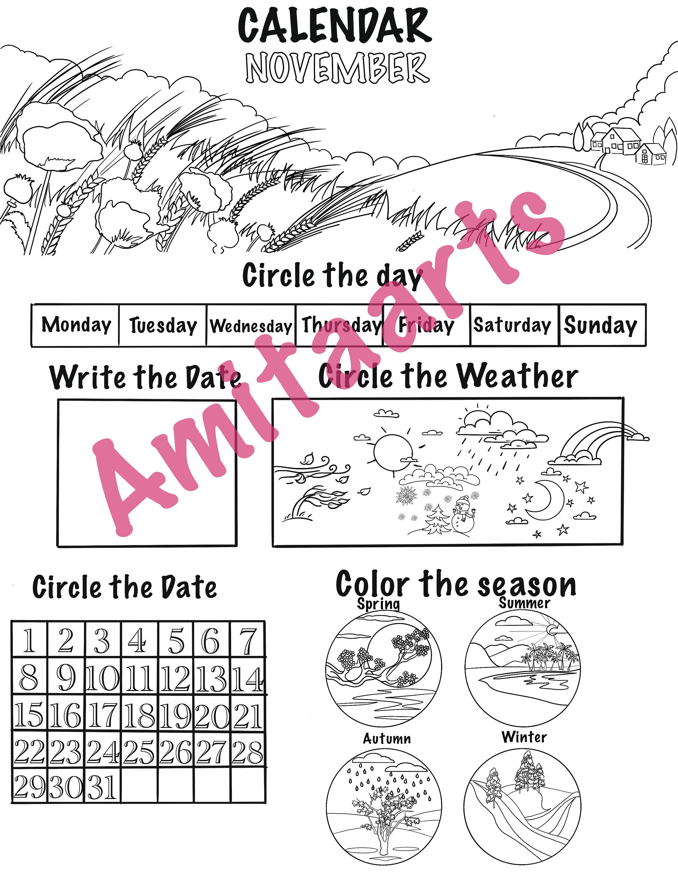 Kids Coloring Pages Printables Instant Download Calendar Months Dates ...