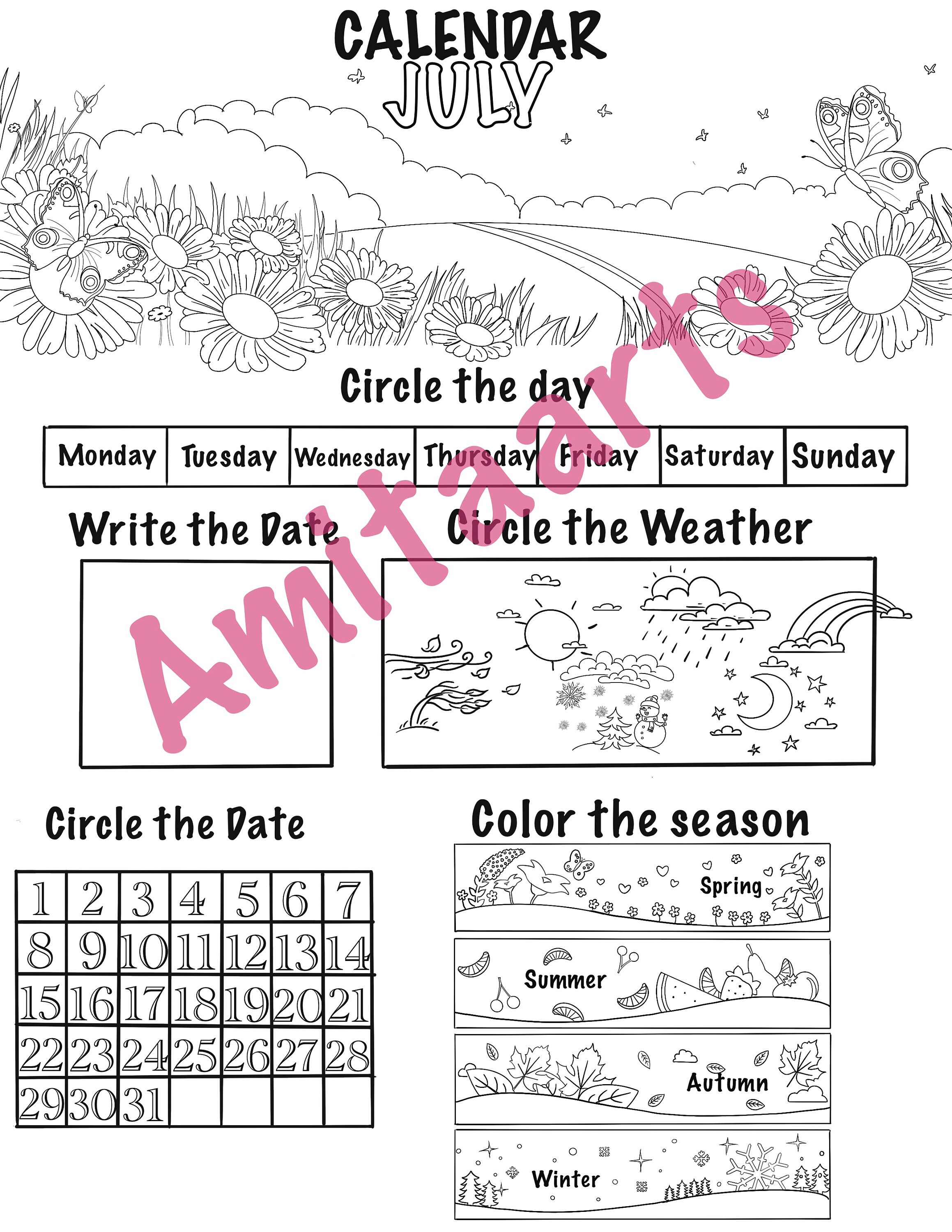 Kids Coloring Pages Printables Instant Download Calendar Months Dates ...