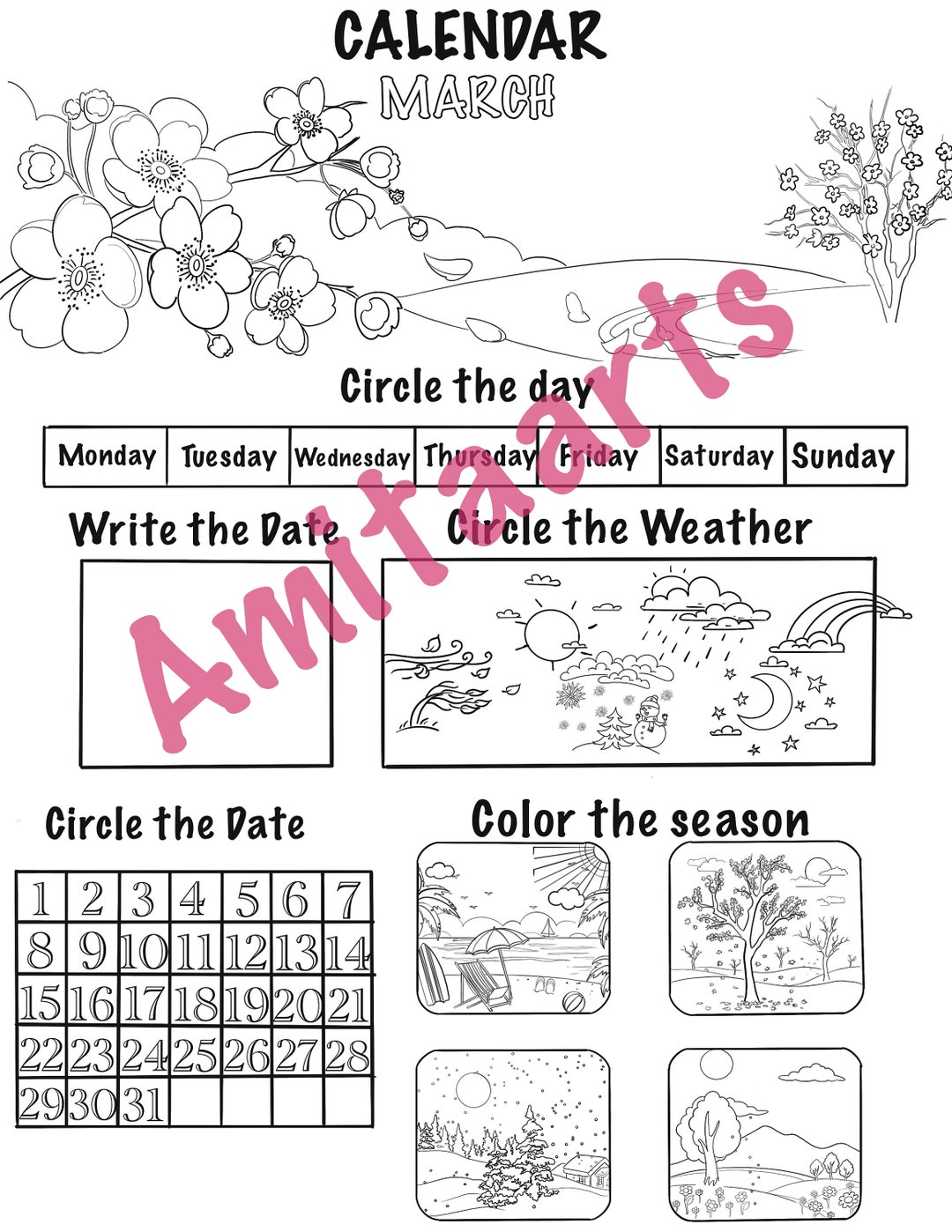 Kids Coloring Pages Printables Instant Download Calendar Months Dates ...