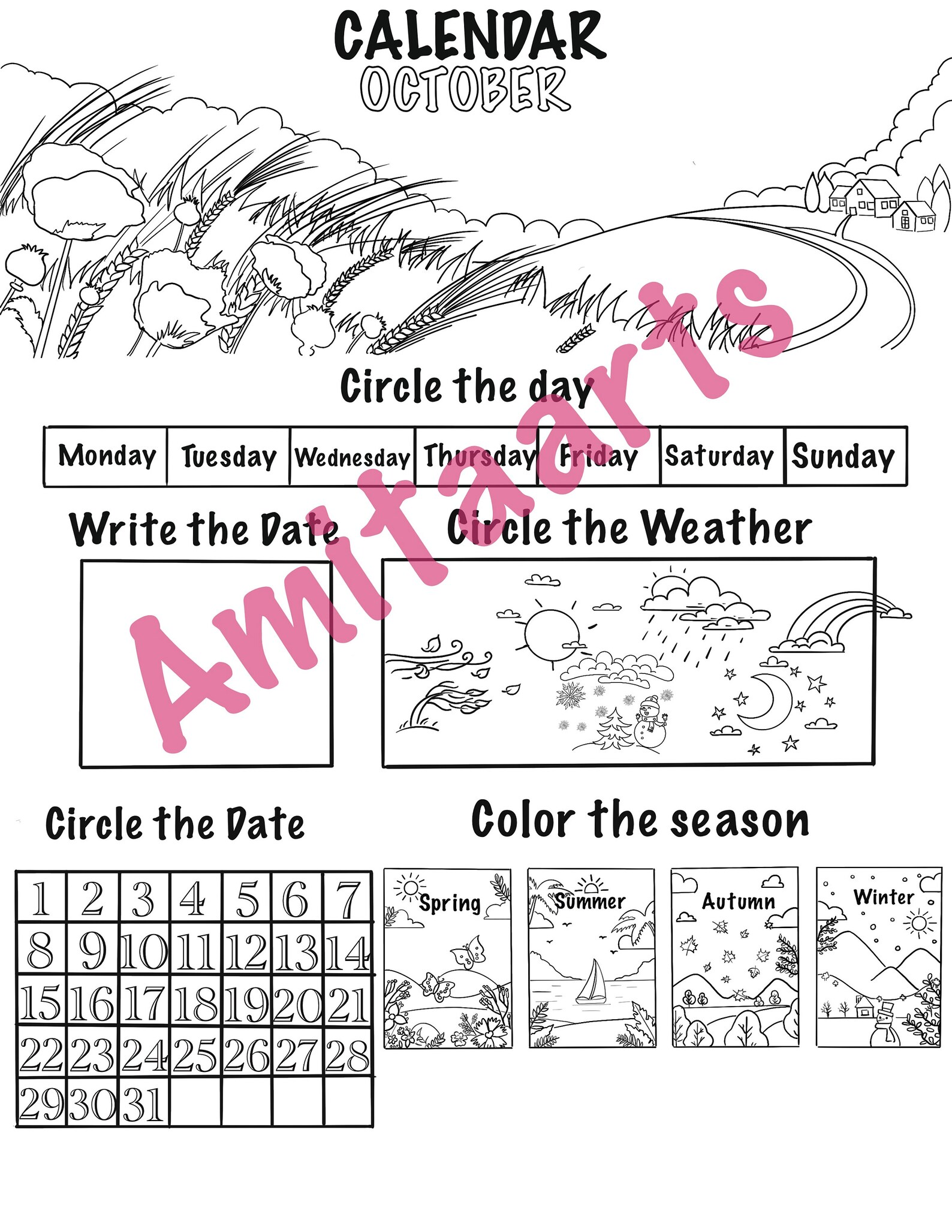 Kids Coloring Pages Printables Instant Download Calendar Months Dates ...