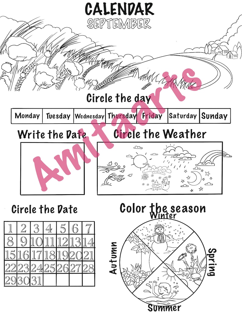Kids Coloring Pages Printables Instant Download Calendar Months Dates ...