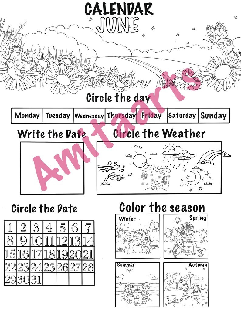 Kids Coloring Pages Printables Instant Download Calendar Months Dates ...