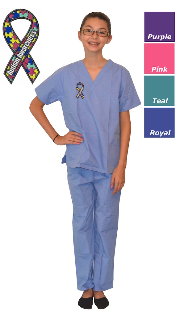 Kids Scrubs With Autism Awareness Ribbon Embroidery Design | Etsy