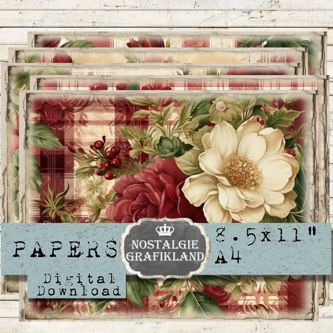 RED ROSES Papers Printable Landscape Horizontal Shabby Roses Scrapbook ...