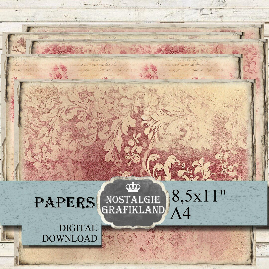 SHABBY FADED Digital Papers Landscape Red Floral Damask Ephemera ...