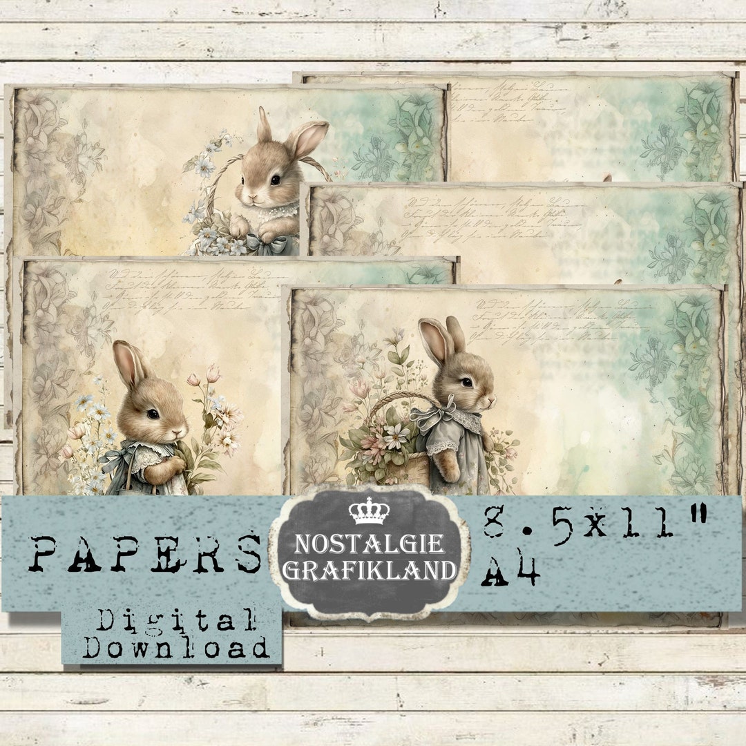 RABBITS Printable Papers Easter Bunnies Landscape Journaling Horizontal ...