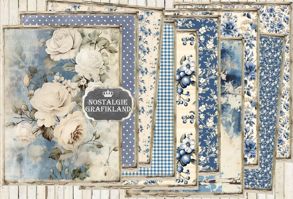 BLUE COLLECTION Printable Papers Digital Paper Pack Floral Background ...